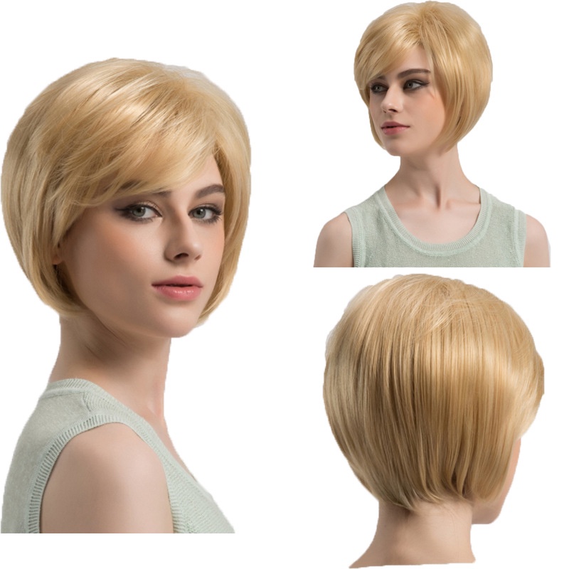 European and American Wig Woman Light Blonde Short Straight Hair Side ...