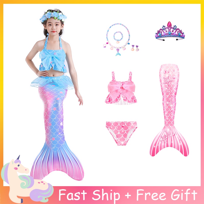 Ariel Little Mermaid Tail Bikini Set With Shell Necklace Crown Girls ...