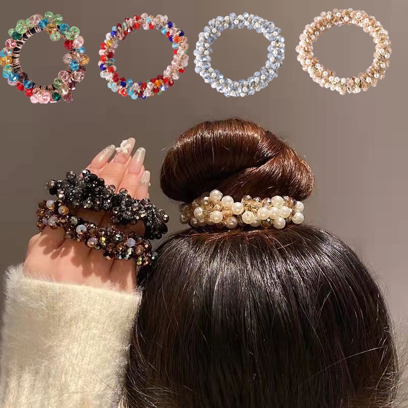 Fashion Rope Scrunchie Ponytail Holder Crystal Champange Faux Pearl ...