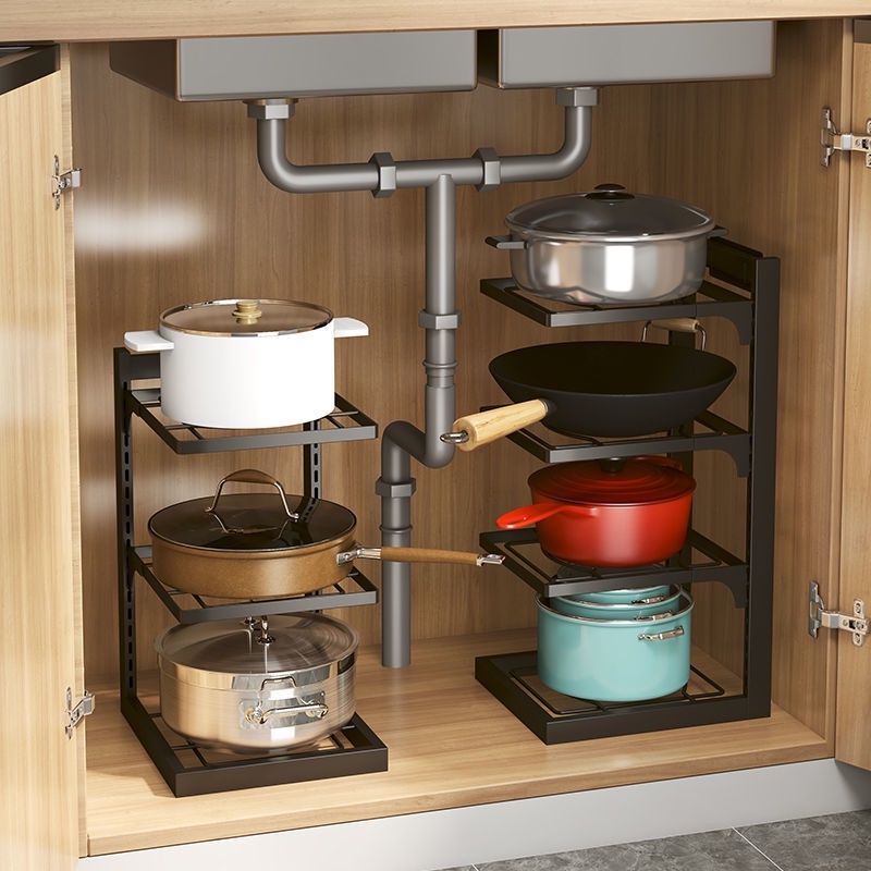 Kitchen Pan Organizer Pot Rack Adjustable Under Sink Countertop ...
