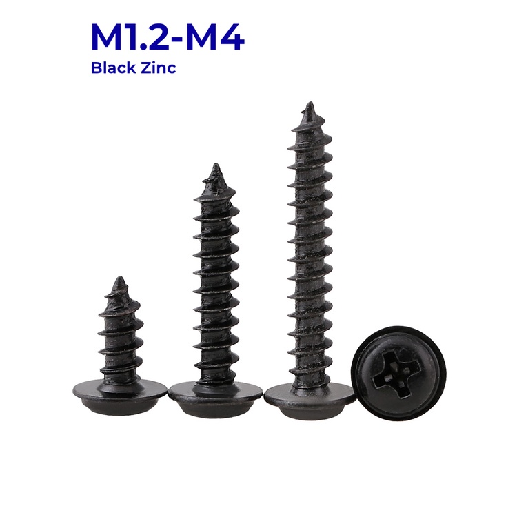 M1.2 M1.4 M1.7 M2 M2.3 M2.6 M3 M4 Black Zinc Round Head Cross Pan Head Tapping Screws With Pad ...