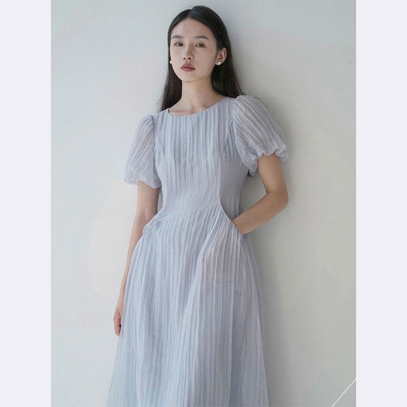 Gentle French Blue Dress Women's Summer Waist-Tight Elegant Gauze Dress ...