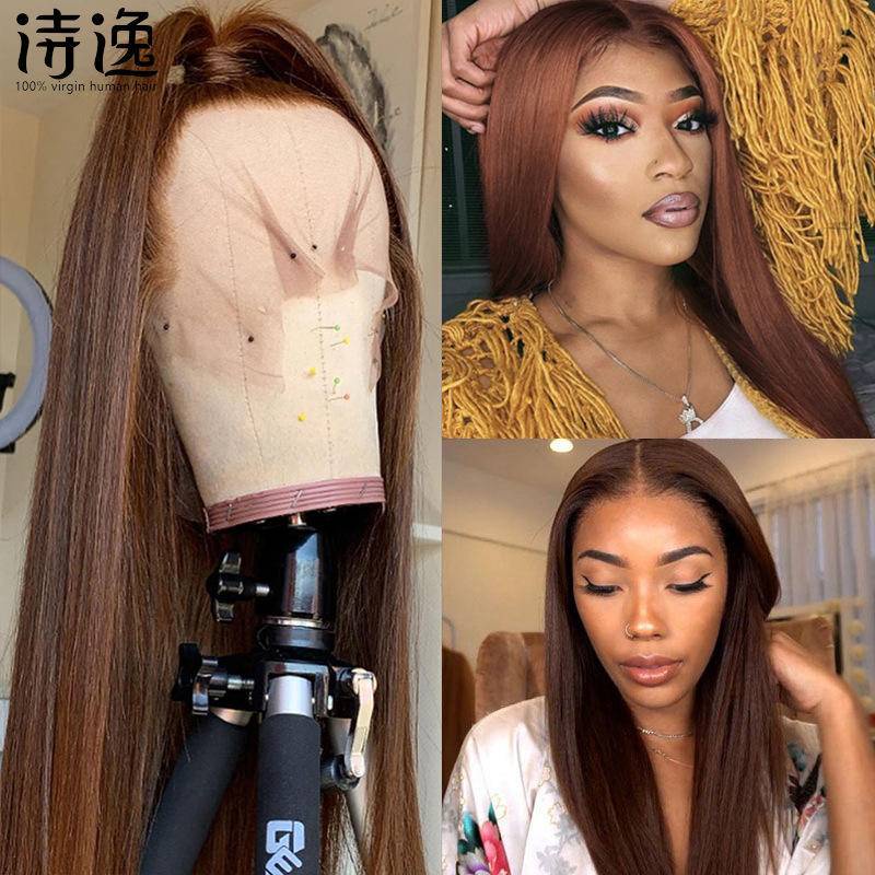 100% Human Hair Wigs 13 * 4 Wigs Color # 4 Straight Body | Shopee ...