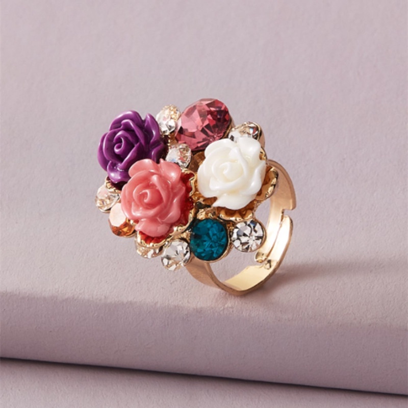 Colorful Resin Rose Flower Ring Women's Crystal Rhinestone Adjustable ...