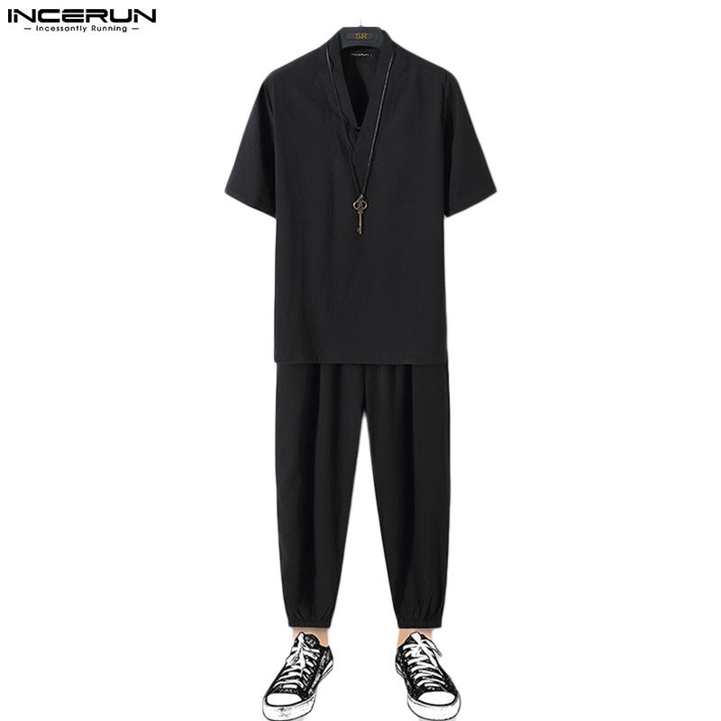 INCERUN Men's Vintage Style Cotton Linen Two Piece Set | Shopee Philippines