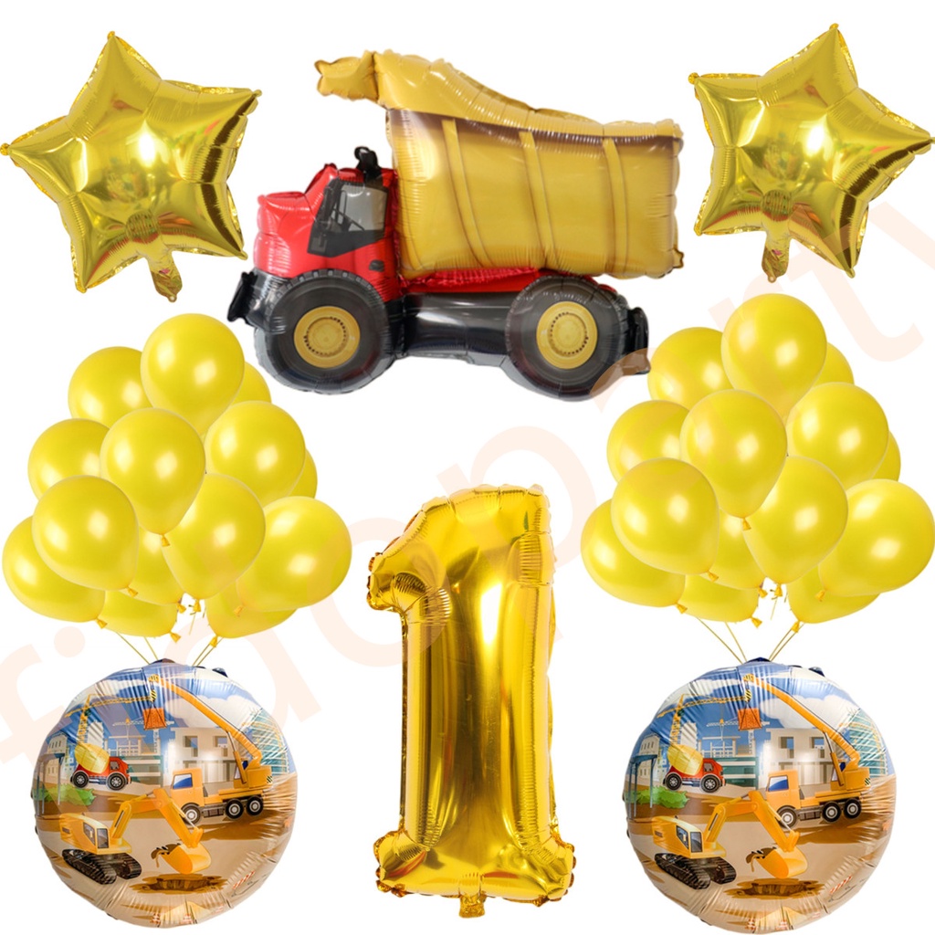 27pcs Construction Theme Excavator Car Balloon 32inch Gold Number ...