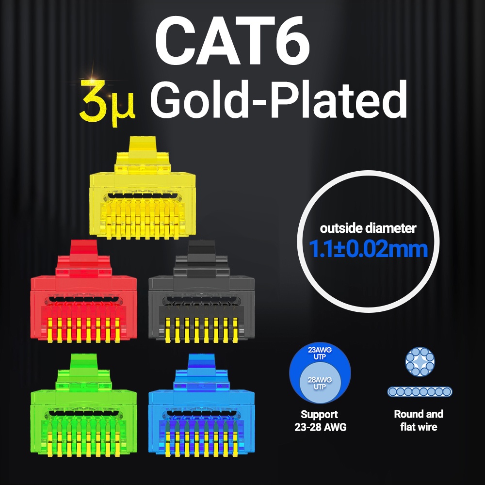 AMPCOM CAT6 RJ45 Pass Through Connectors EZ to Crimp Modular Network ...