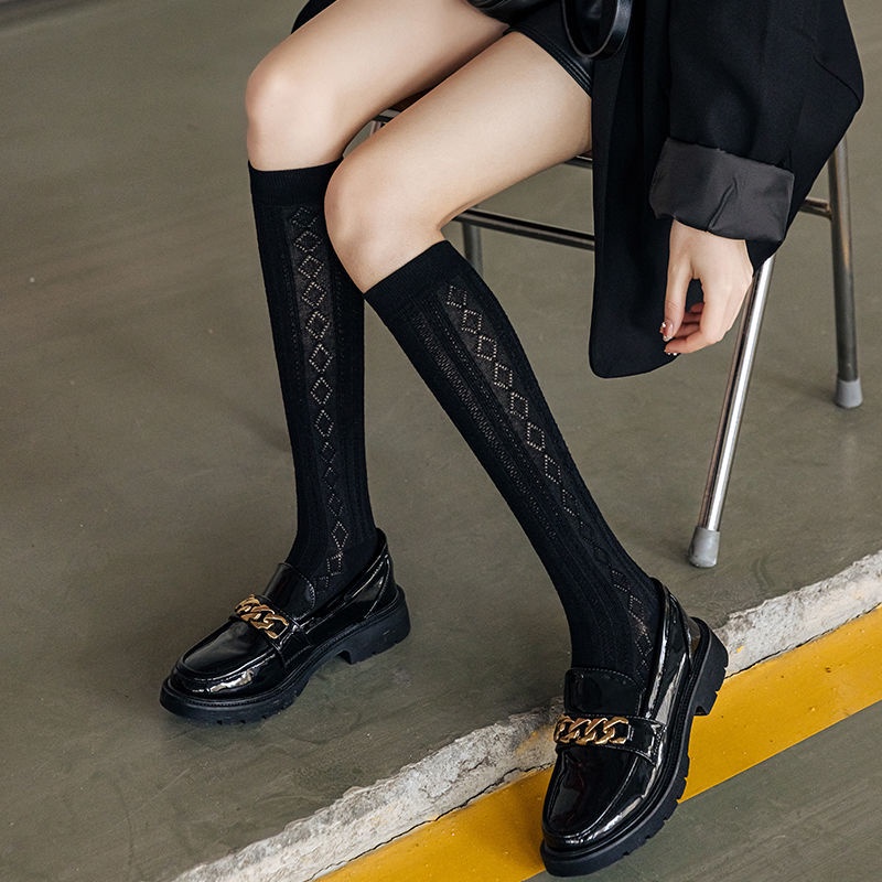Black Calf Socks White JK Women Hollow Fishnet Knee-Length Thin Sweet ...