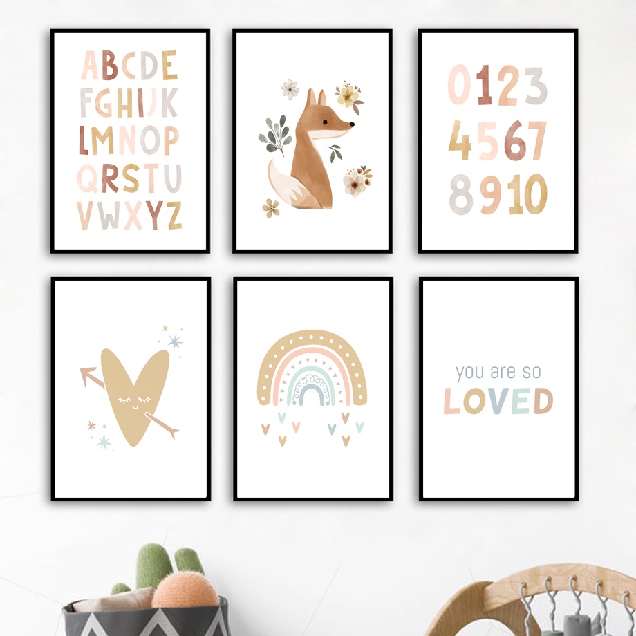 Nordic Poster Boho ABC Alphabet 123 Rainbow Heart Fox Wall Art Print ...