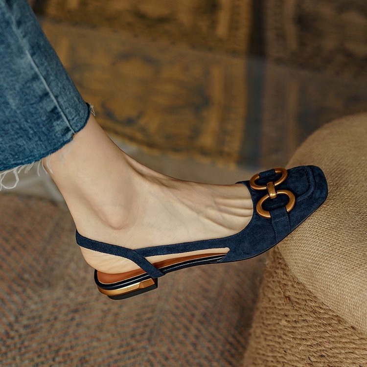 Korean Suede Dark Blue Office Work Sandals with Block Heel for Women 1 ...