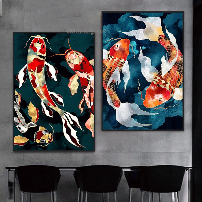 Nordic Lucky Koi Fish Wall Art Posters and Prints Metallic Koi Abstract ...