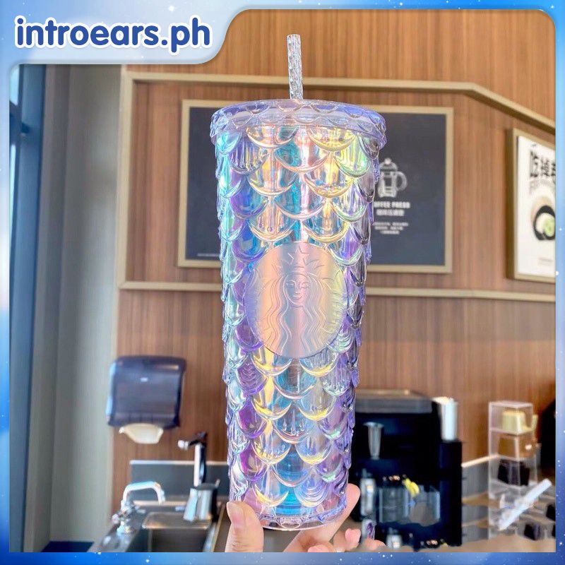 INTR 710ml/24oz Mermaid Scales Cup Fish Scale Cup Tumbler Double Layer ...