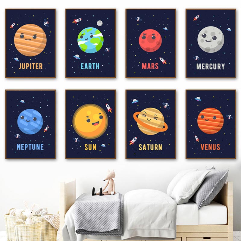 Cartoon Solar System Planet Posters and Prints for Kids Room Wall Art ...