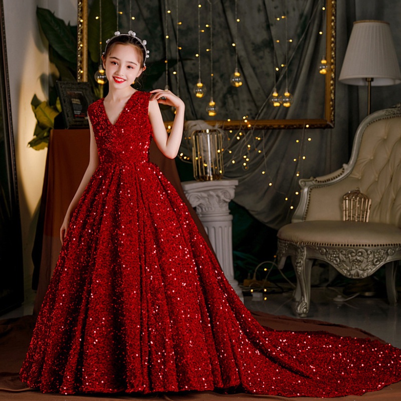 Wine Red Sequin Flower Girl Pageant Mermaid Dresses Long Puffy Prom ...