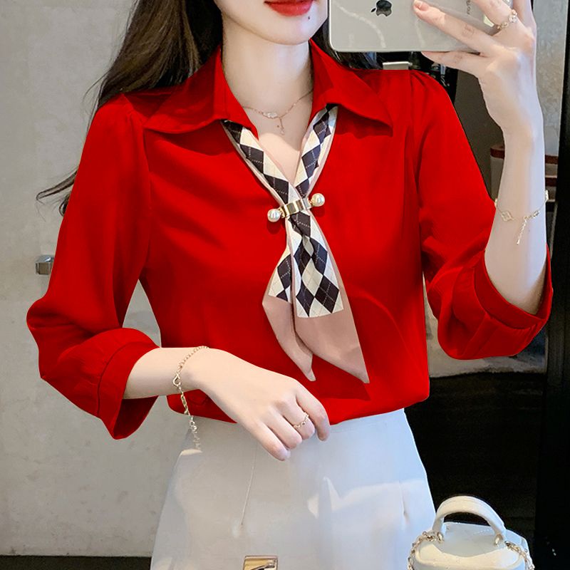 Korean Style Plain Bow Ribbon Blouse Women Lapel 3/4 Short Sleeve ...