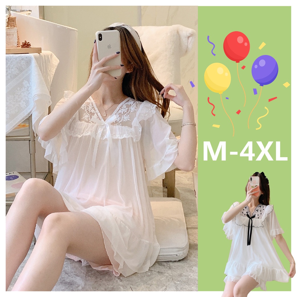 M-4XL Plus Size Pyjamas Women Lace Mesh Pajamas Set Summer Short Sleeve ...