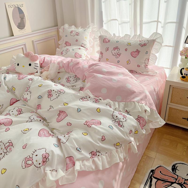 Three-Piece Set Four-Piece Lace Hello kitty ins Pink Love KT Cat Bed ...