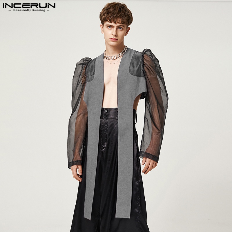 INCERUN Mesh stitching bubble sleeve short irregular casual suit ...