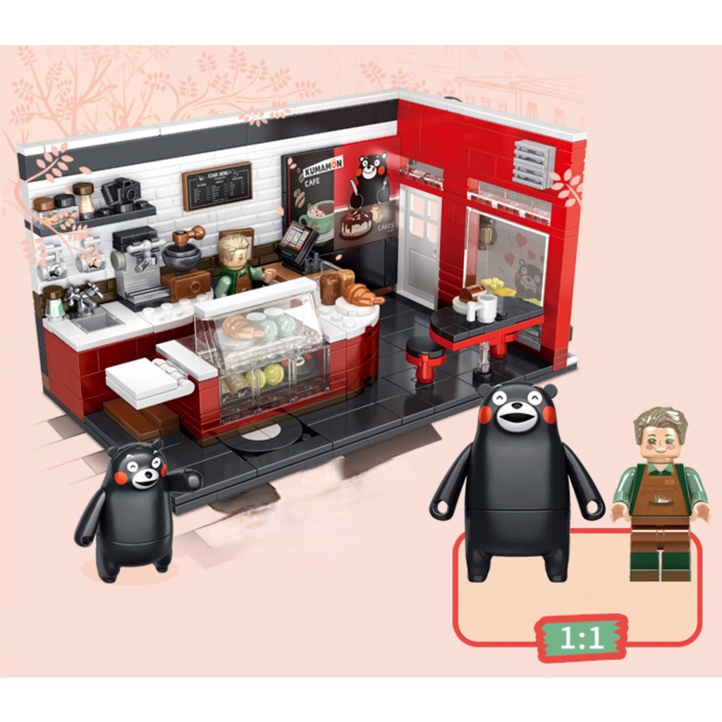 Mytopshop 397PCS MOC Cartoon Kumamon Bear Cafe Coffee Shop Figure Model Educational Toy Building ...