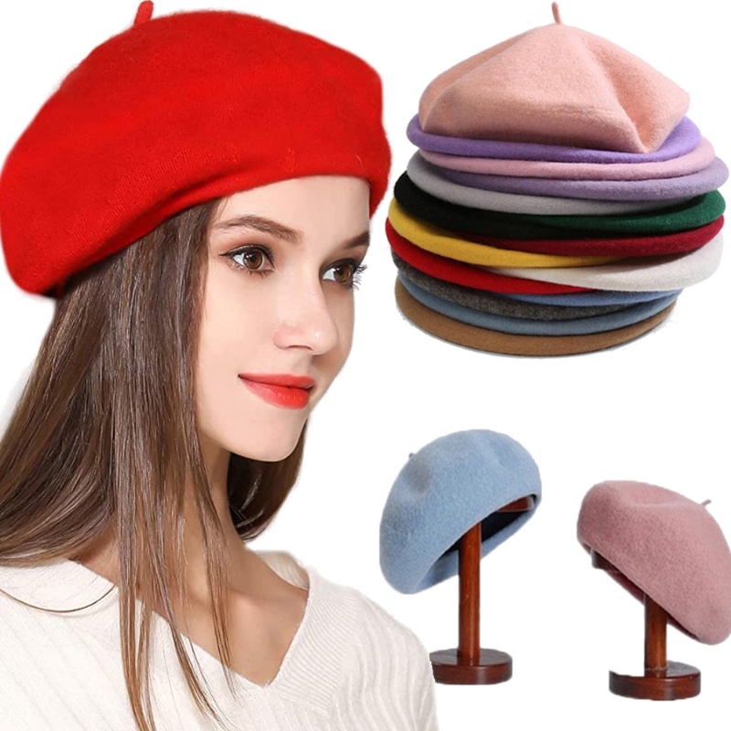 Women Wool Berets French Artist Style Warm Winter Beanie Hat Retro Plain Beret Solid Color ...