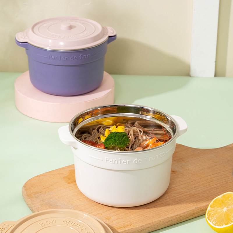 Enamel Instant Noodle Bowl With Lid 304 Stainless Steel Insulated Bowl Large Capacity Contrast ...