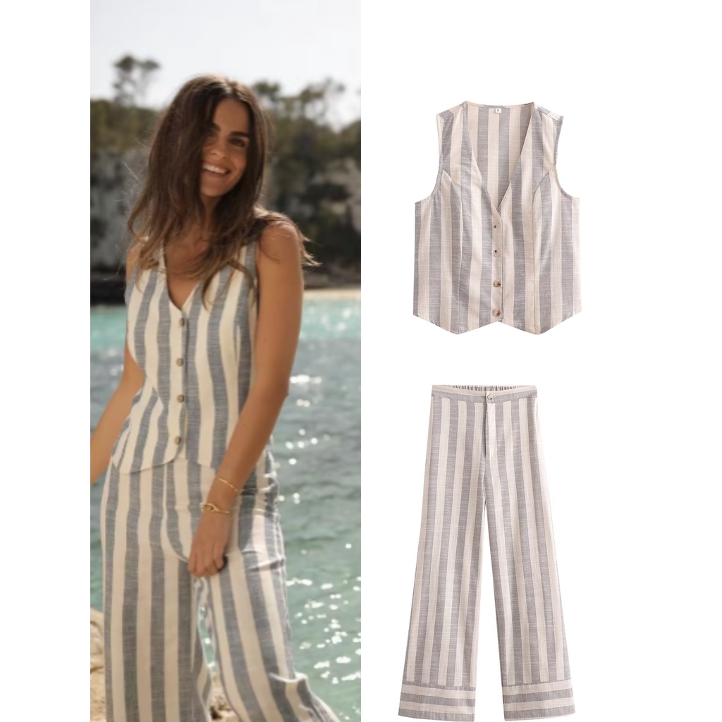 Wholesale V-neck Single-breasted Striped Vest + Pants 9632 | Shopee ...
