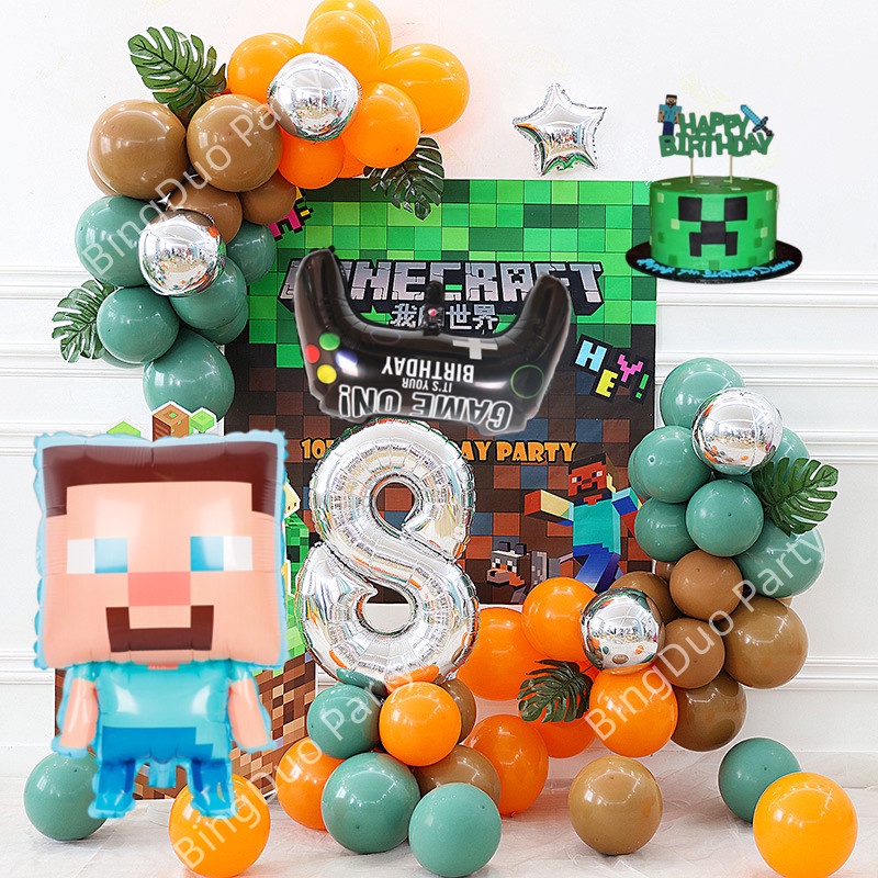 Minecraft Theme Steven Game Handle Foil Balloon 32inch Silver Number Green Orange Matte Balloon ...