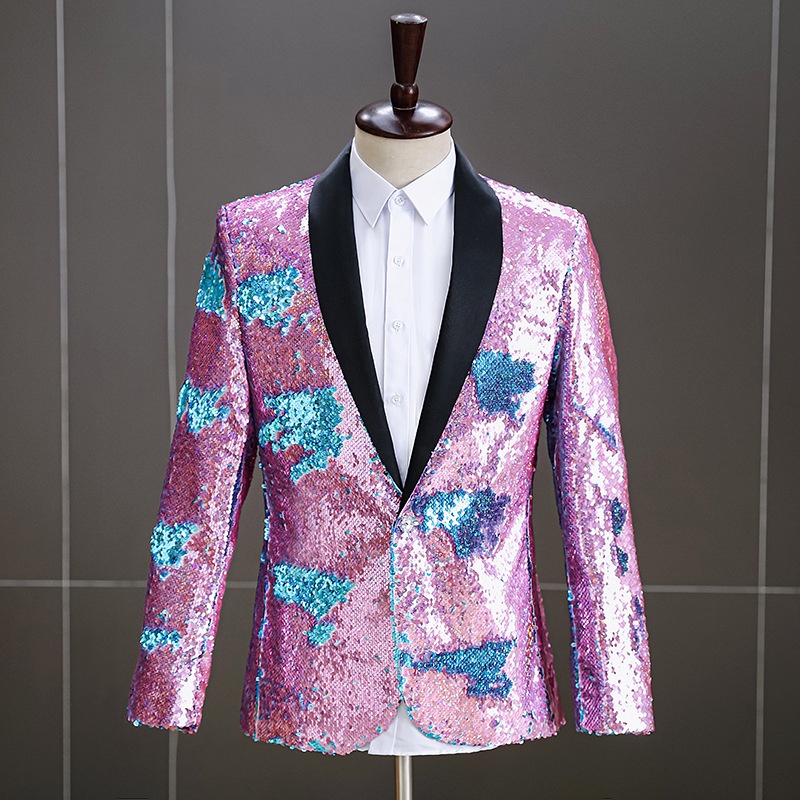 Performance suit men's pink reversible sequins blue host singer stage ...