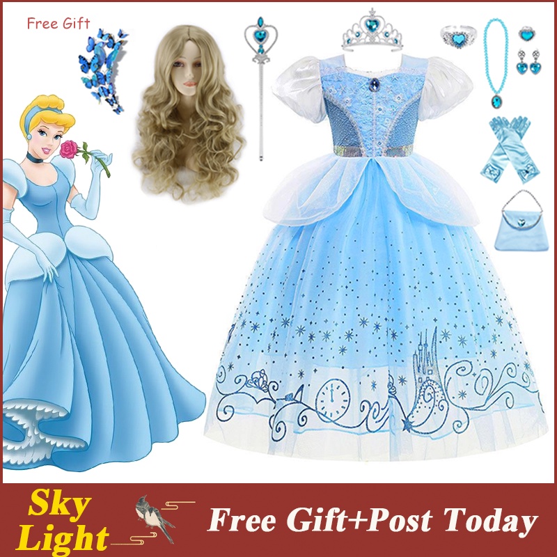 Cinderella Mesh Blue Dress For Kids Girl Disney Princess Sequin Rainbow ...