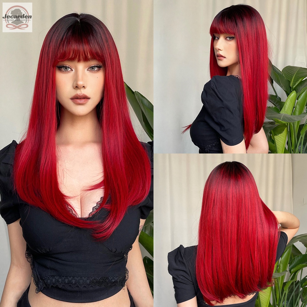 Jecarden 22 Inch Black Ombre Red Long Straight Wigs with Bangs Wigs for ...