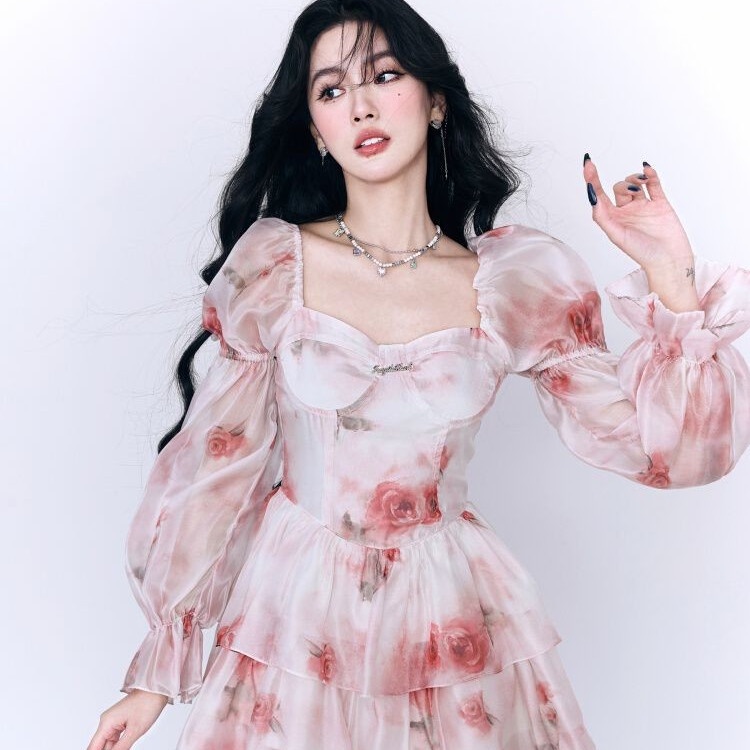 [READY STOCK] Smoke Peach Rain Running Princess Puff Sleeve Dress ...