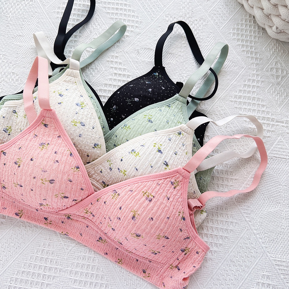 Sweet floral lace bra wireless gathered underwear student small chest ...