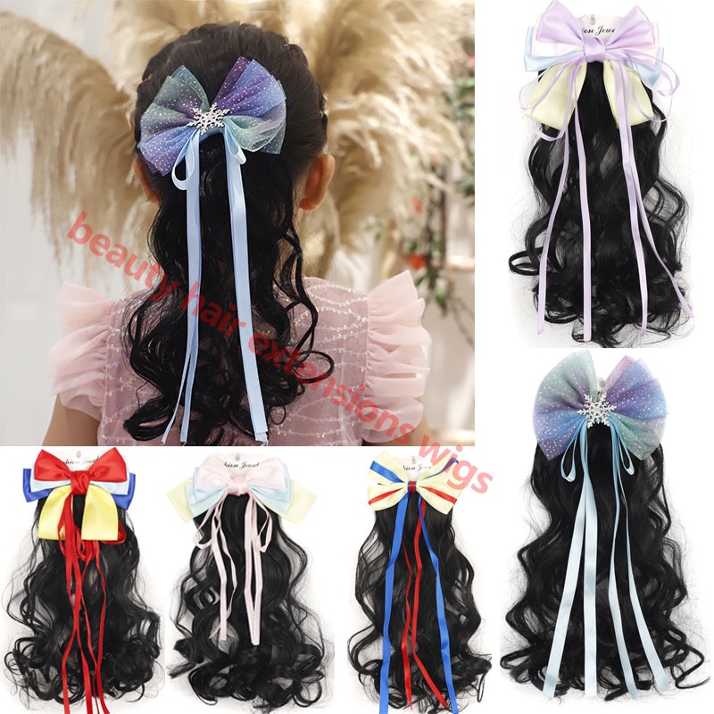 Girls ponytail wig With bow curly ponytail hair clip in ponytial hair ...