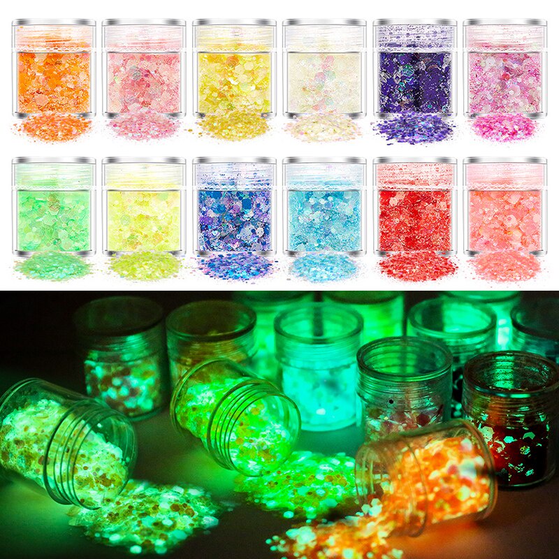 Glow in The Dark Powder Glitter Kit Luminous Mixed Hexagon Fluorescent ...