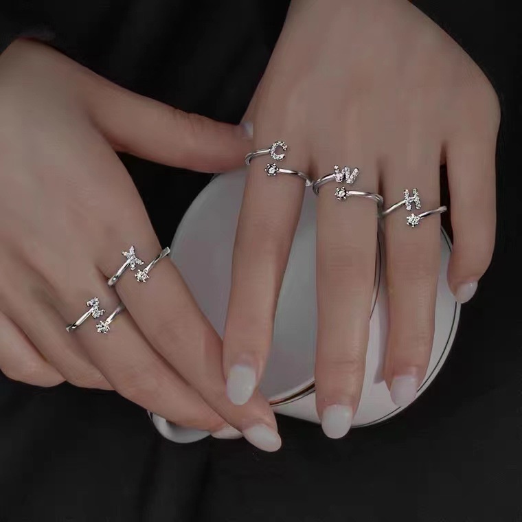 Creative and fashionable 26 initials diamond set open adjustable ladies' couple friendship ring ...