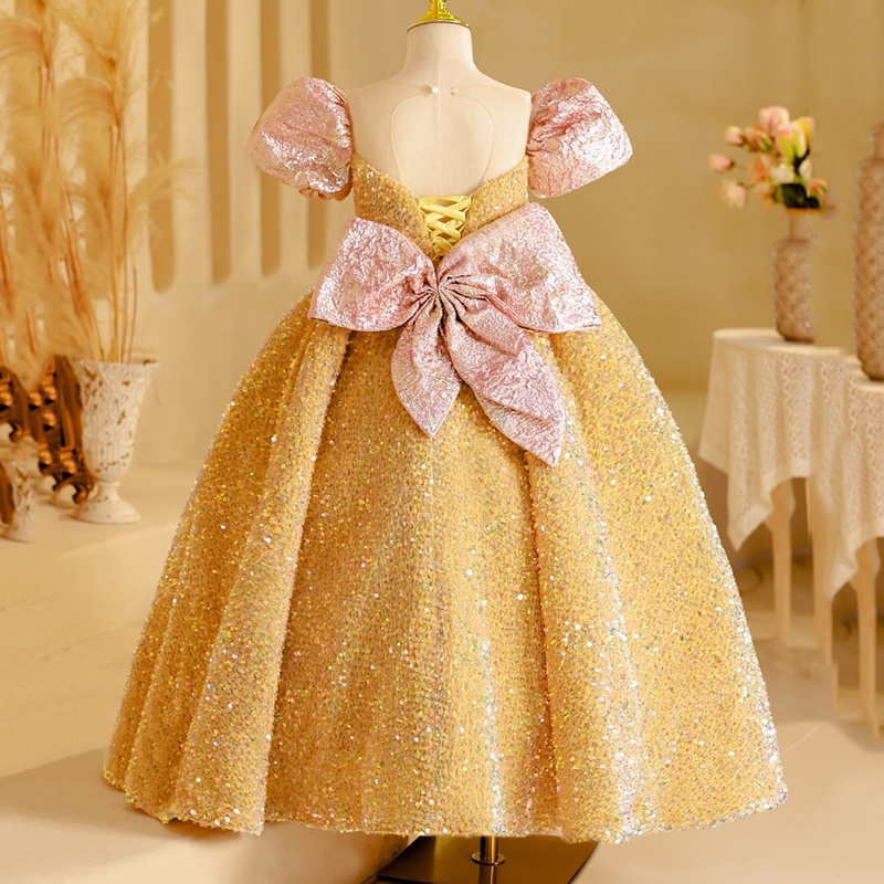 Girl Shiny Gold Princess Dress Children Vintage Gown Bow Dresses For ...