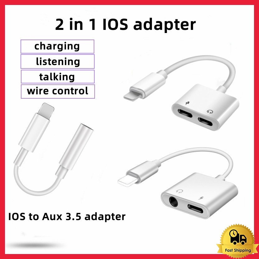 2 in 1 IOS adapter cable 3.5mm Headset Earphone Adaptor Audio Jack IOS ...