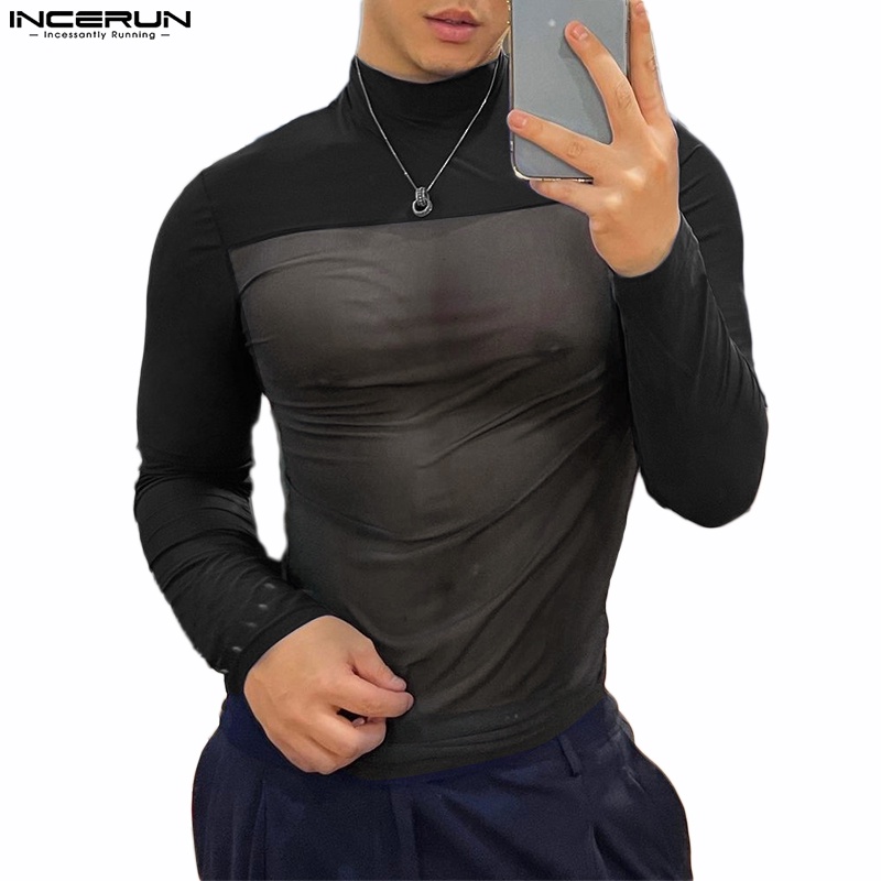 INCERUN Men's Fashion Small High Neck Panel Mesh Long Sleeve T-shirt ...