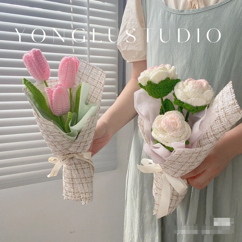 Wool Crochet Bouquet Hand-Knitted Rose Graduation Flower Tulip Goddess ...