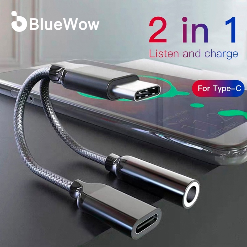 BlueWow 2 In 1 USB C Splitter Headset AUX Type C ZJX-009 Type C to 3.5mm Charge Audio Jack ...