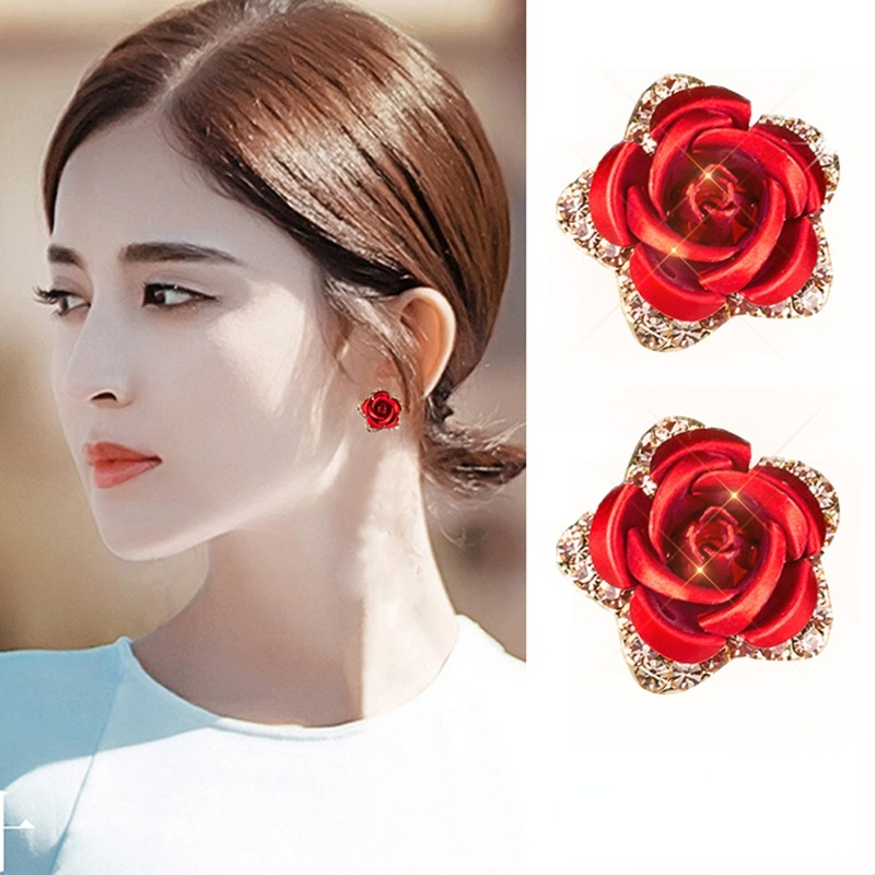 Fashion Red Rose ear studs Elegant Woman Vintage rhinestones Gold ...