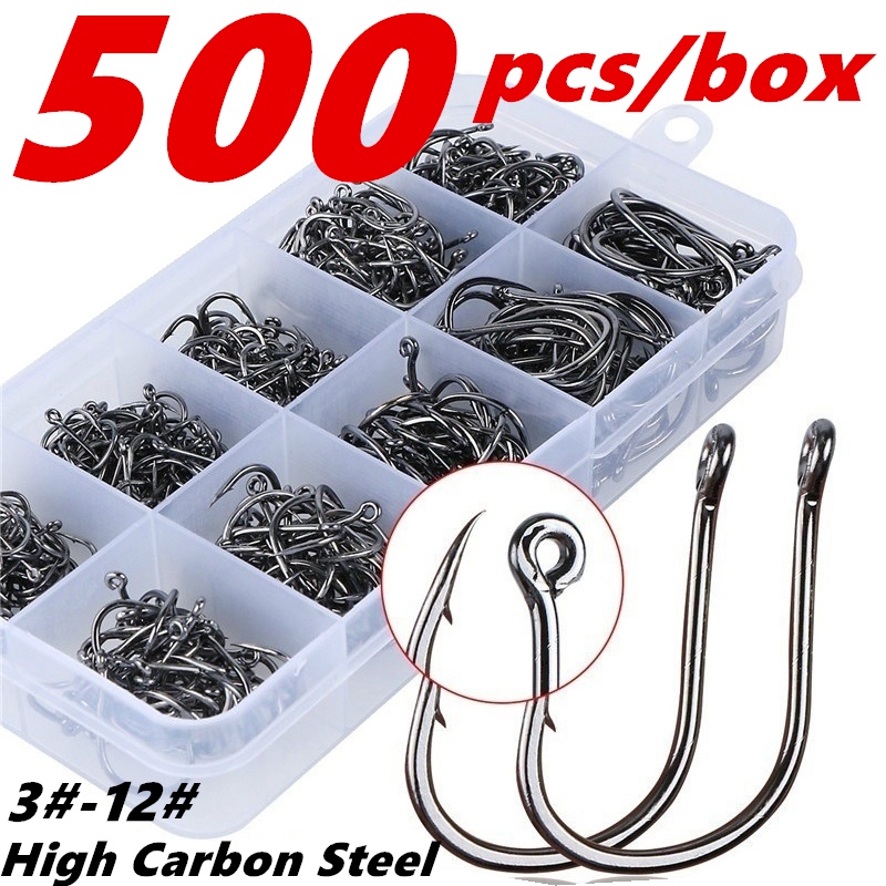 500 Pieces Set Strong Carbon Steel No. 3-12 Fishing Hooks Single Circle ...