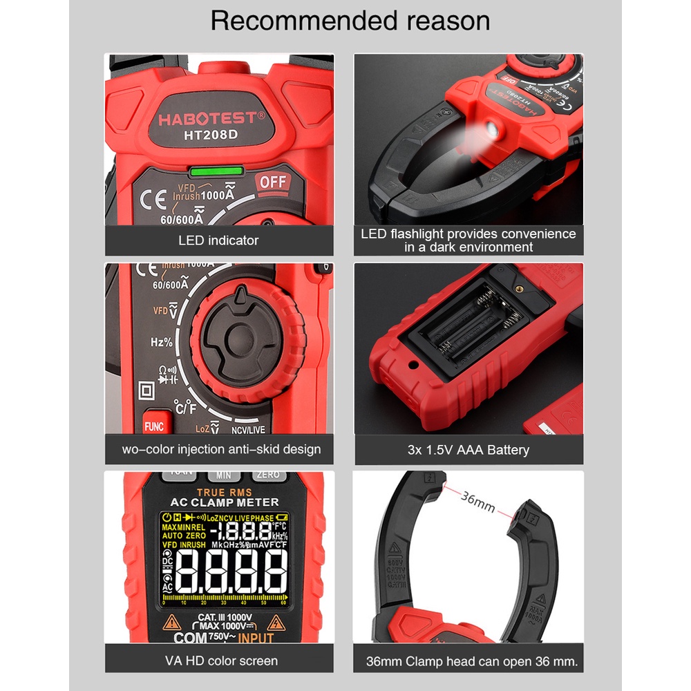HABOTEST HT208 Professional Clamp Meter Multimeter 1000V AC DC True RMS ...