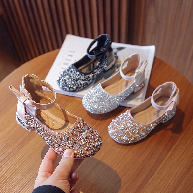 Elegant Bowknot Girls Bling Bling Diamond Flat Shoes Pearls Soft Sole ...