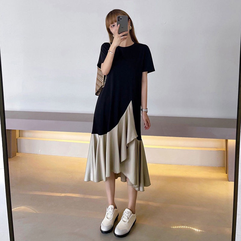 Plus size women's 150kg fat girl's dress summer loose slimming fake two ...