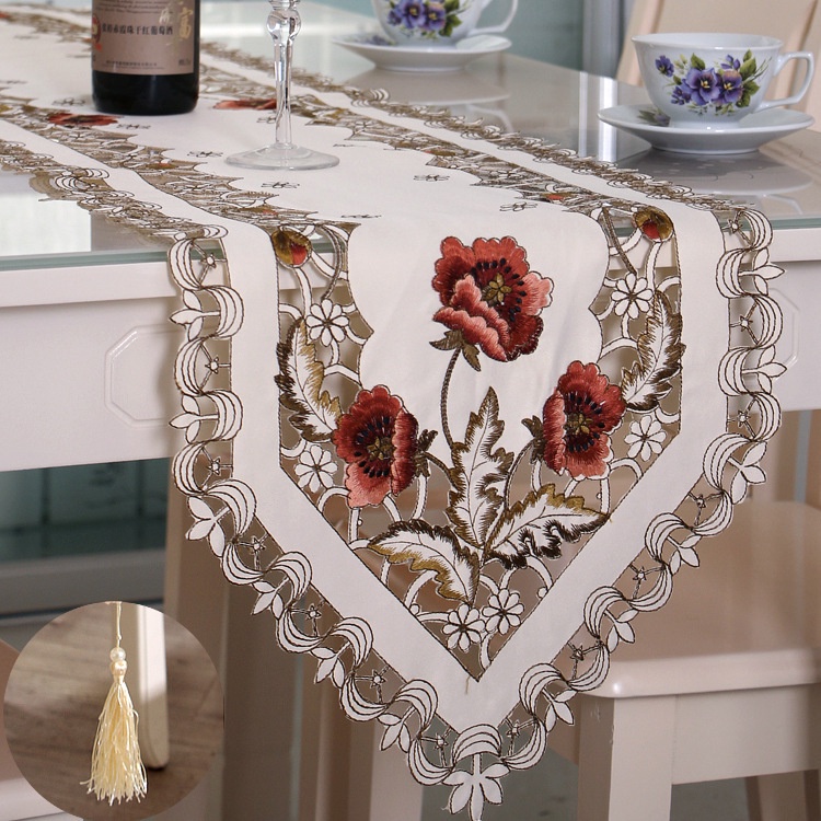 【READY STOCK】Table Runner Flower Embroidered Stain Resistant Washable ...