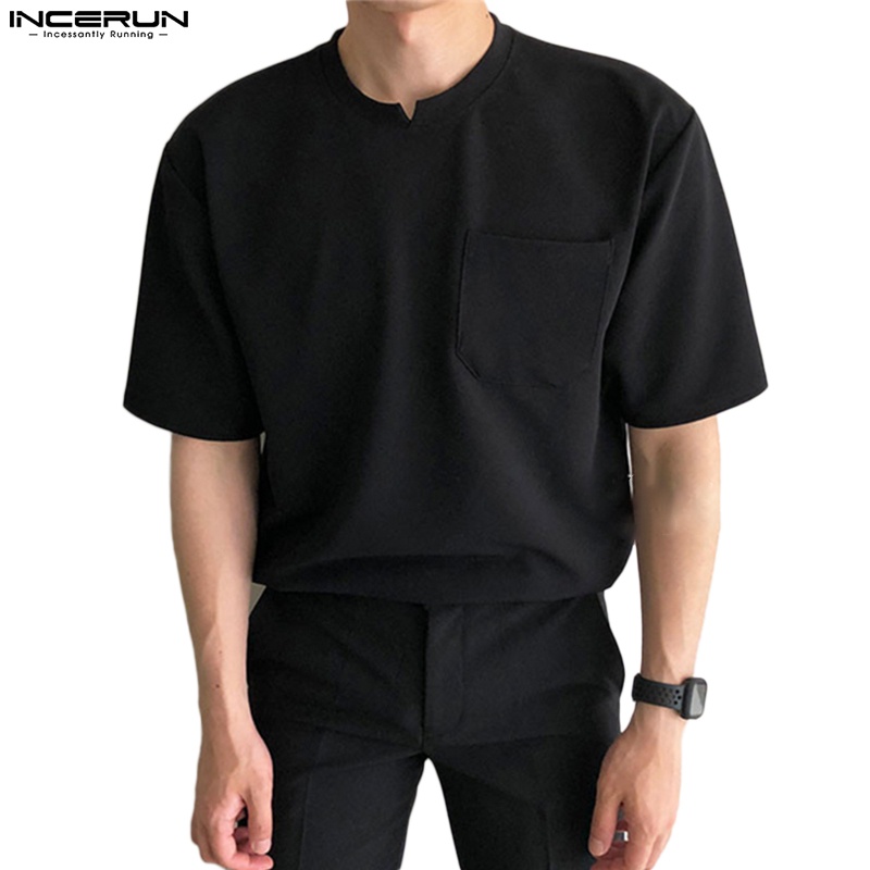 INCERUN Split Crew Neck Single Pocket Design Relaxed Short Sleeve Top T ...