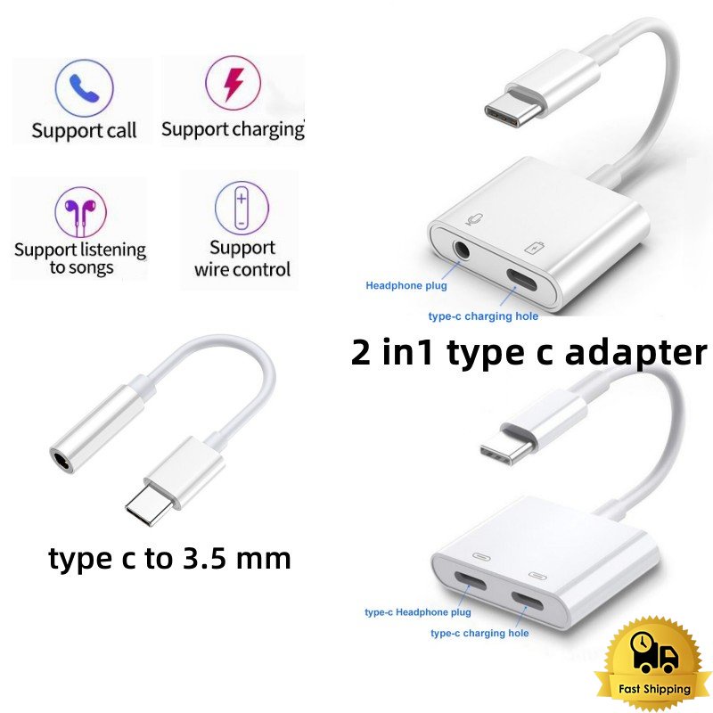 2 in 1 Dual Port Type-C To 3.5mm AUX Earphone Jack Converter Adapter ...