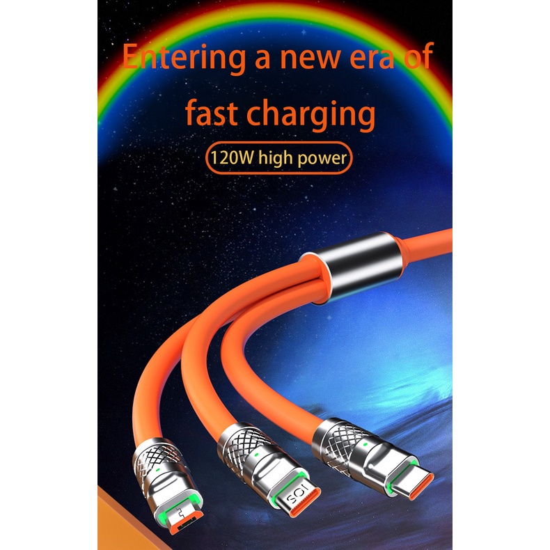 3in1 120W Super Fast Charge Cable Zinc Alloy Type C Liquid Silicone ...