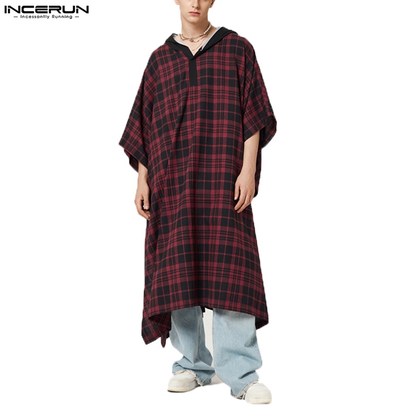 INCERUN Men's fashion gold classic plaid long-sleeved cape | Shopee ...